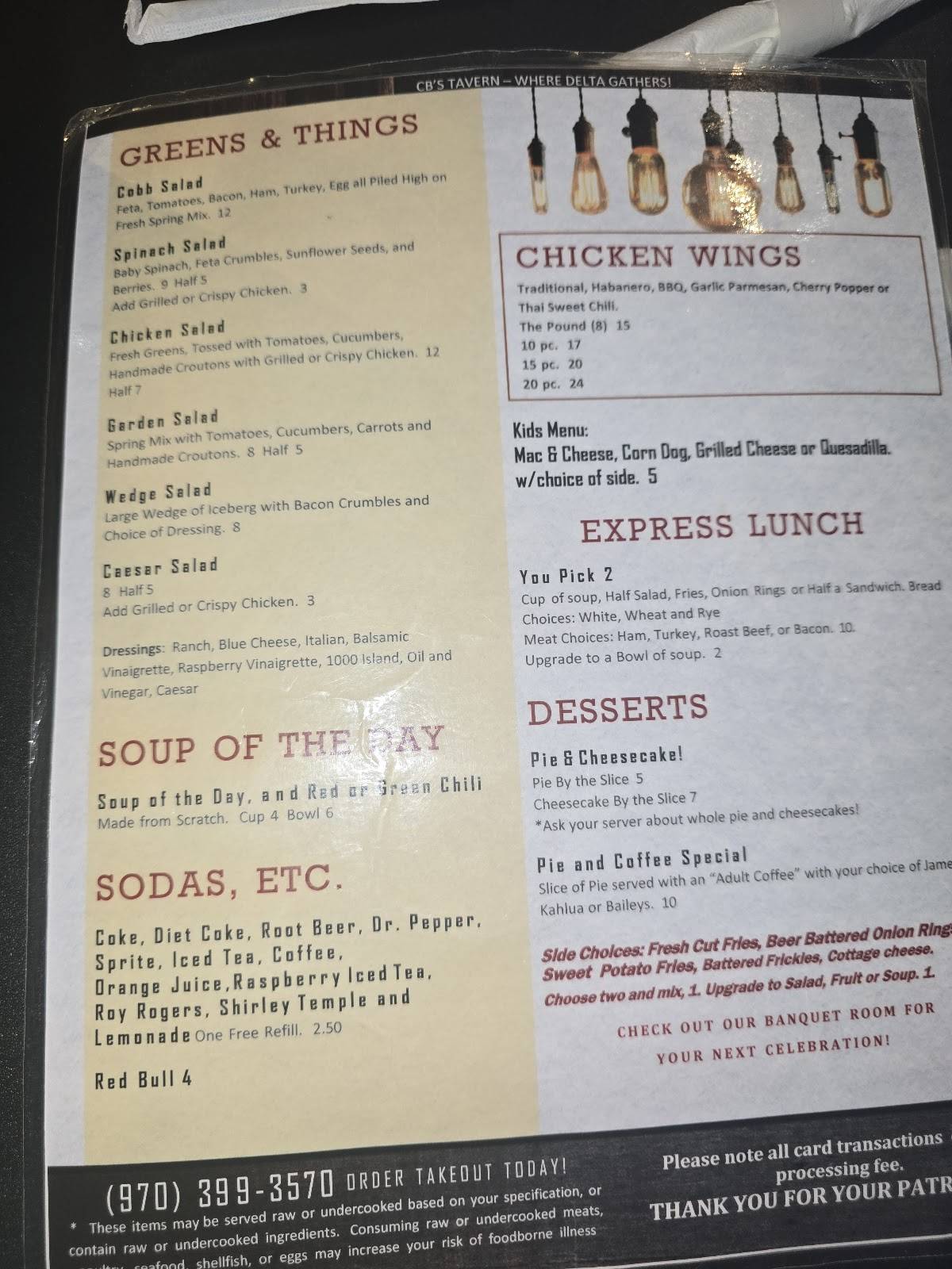 Menu at CB's Tavern pub & bar, Delta