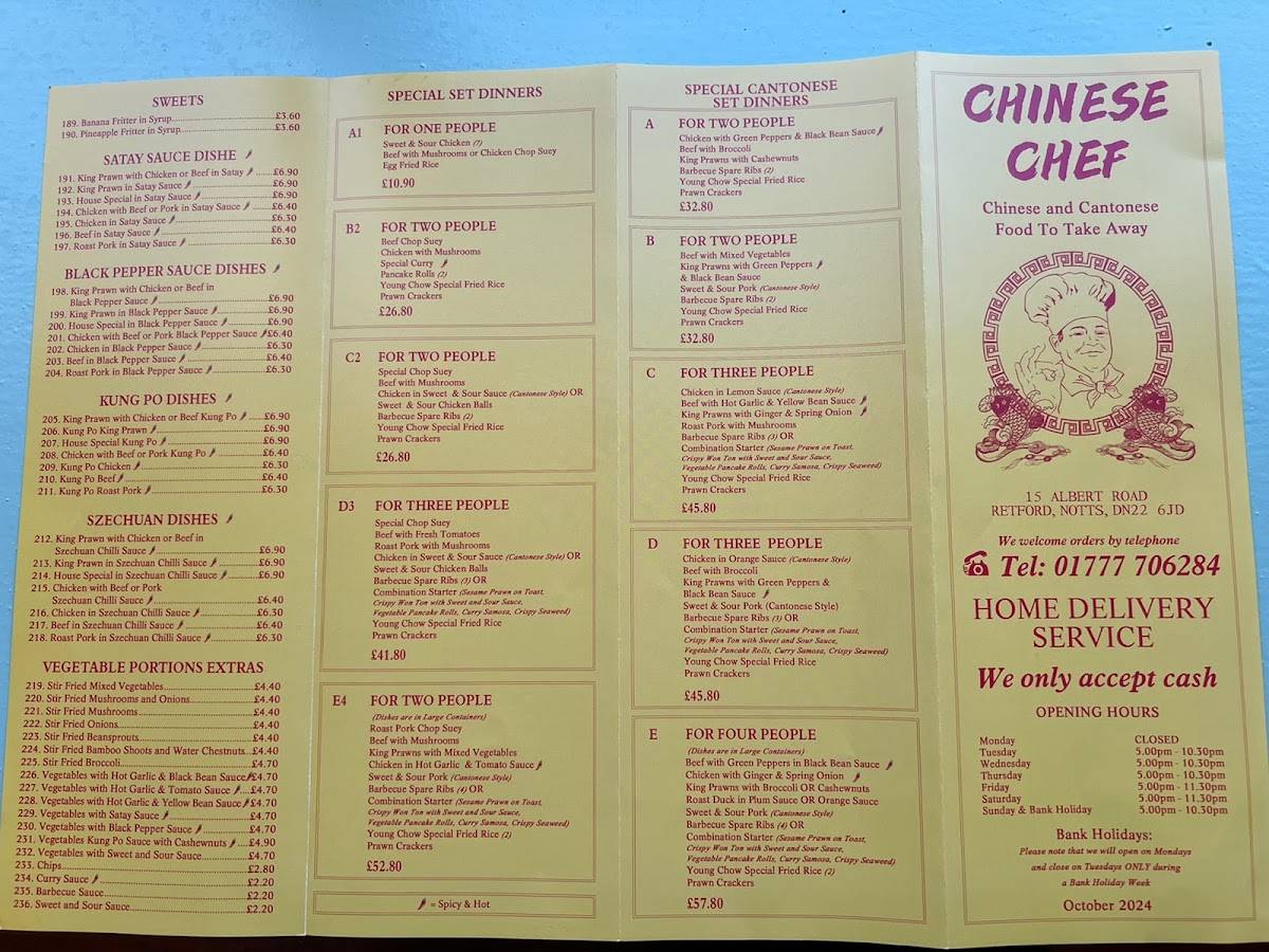 Menu at CHINESE CHEF restaurant, Retford