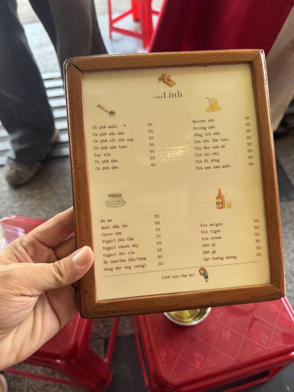 Menu at Cà phê Linh restaurant, Ho Chi Minh City, 1 Trương Định