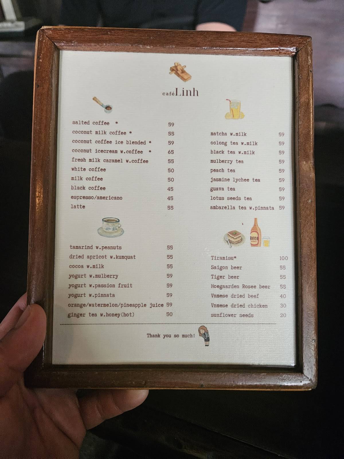 Menu at Cà phê Linh restaurant, Ho Chi Minh City, 1 Trương Định