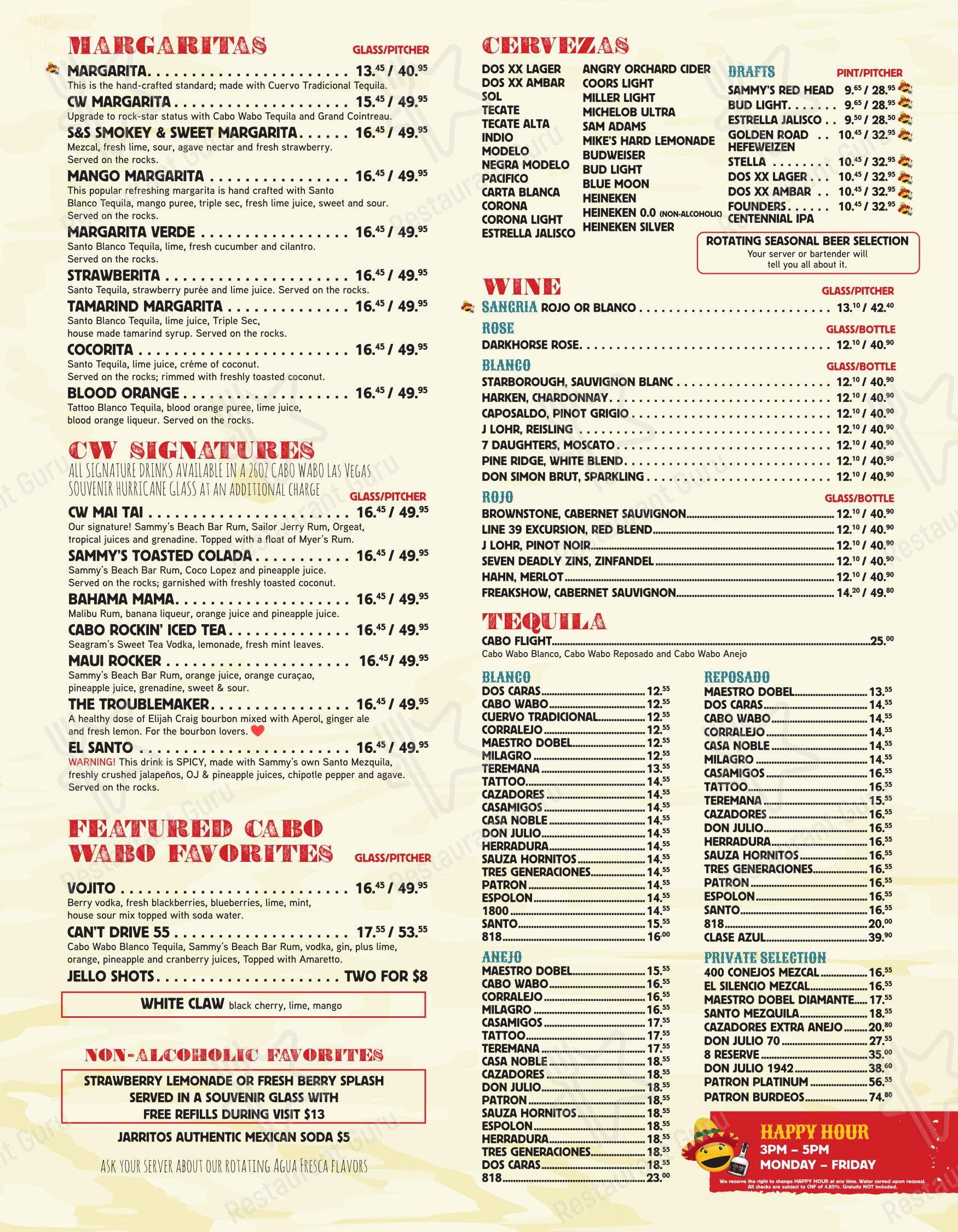 Menu at Cabo Wabo Cantina pub & bar, Las Vegas, S Las Vegas Blvd