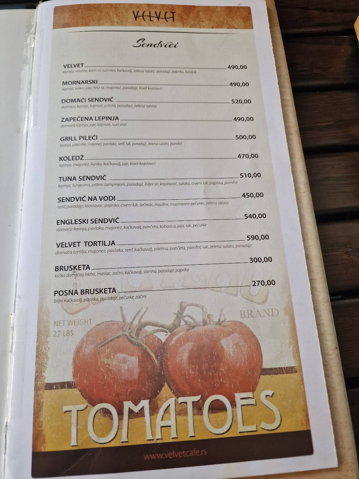 Menu at Velvet restaurant, Čačak, Karađorđeva 15