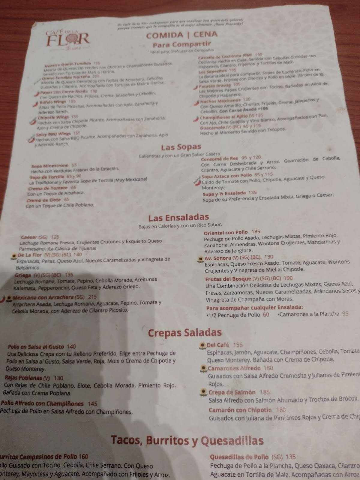 Carta de Café de la Flor, Tijuana, local E-01