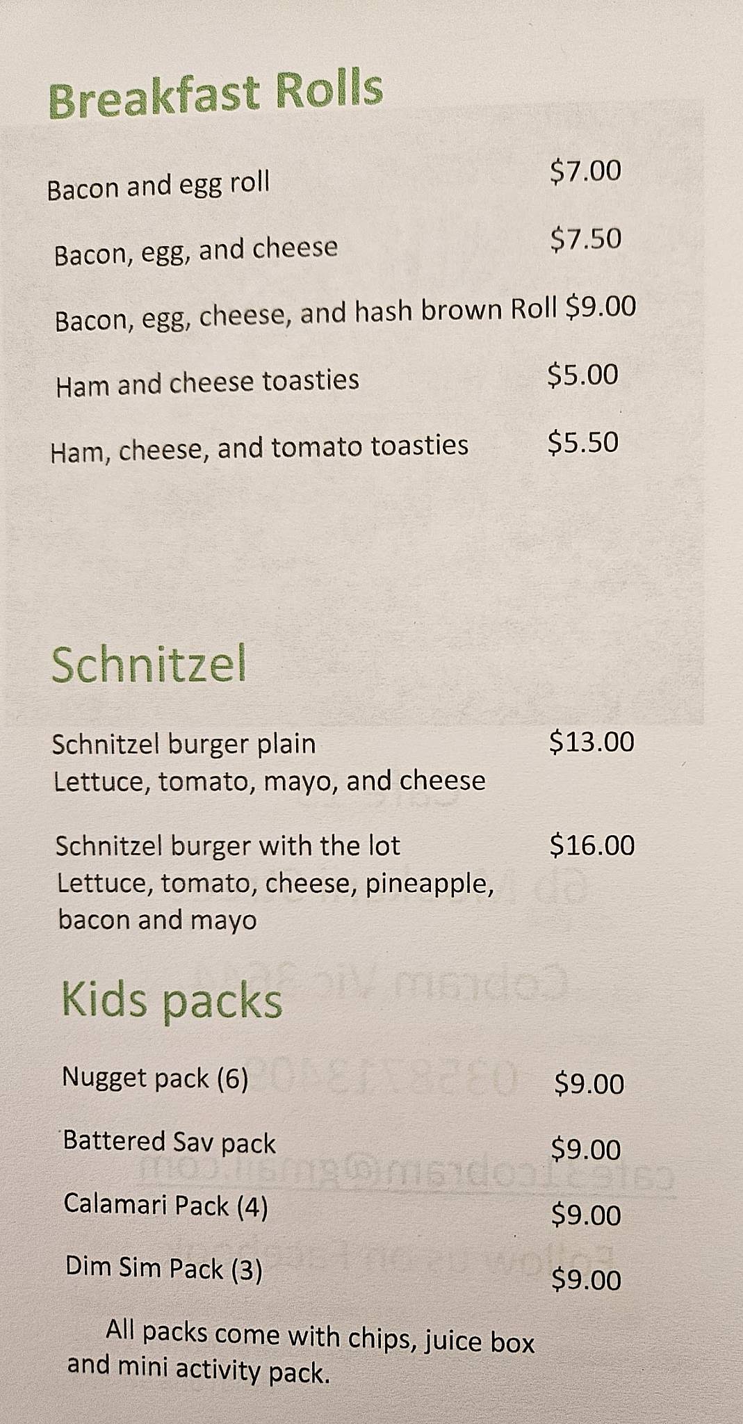 Menu at Cafe 13, Cobram