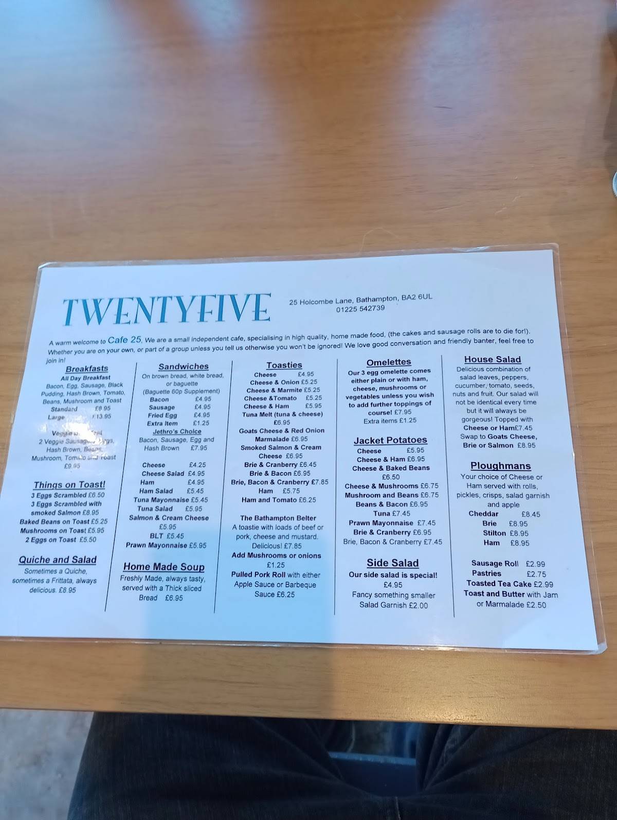 Menu at Cafe 25, Bath