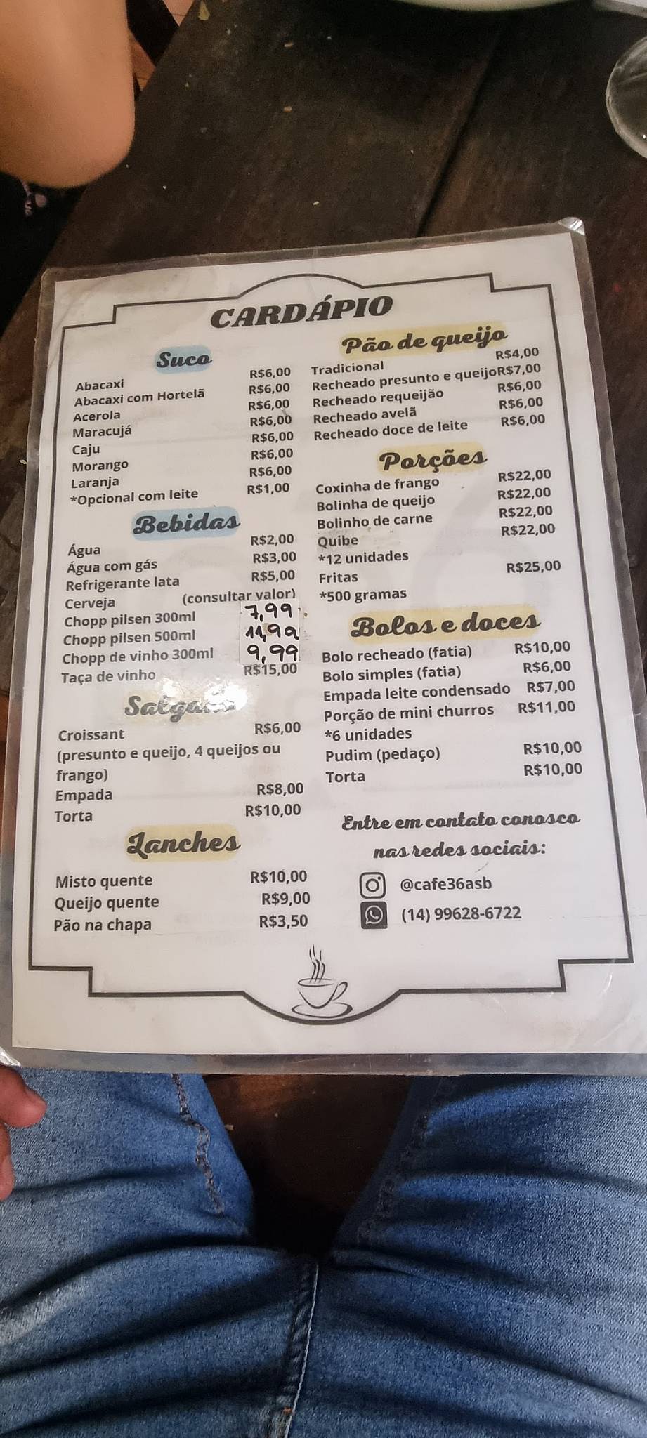 Menu em Café 36, Águas de Santa Bárbara