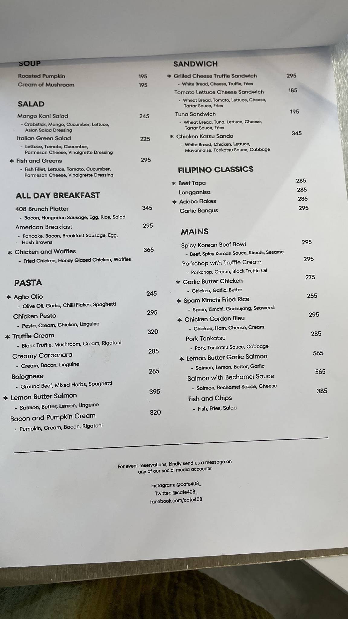 Menu at Cafe 408, Quezon City