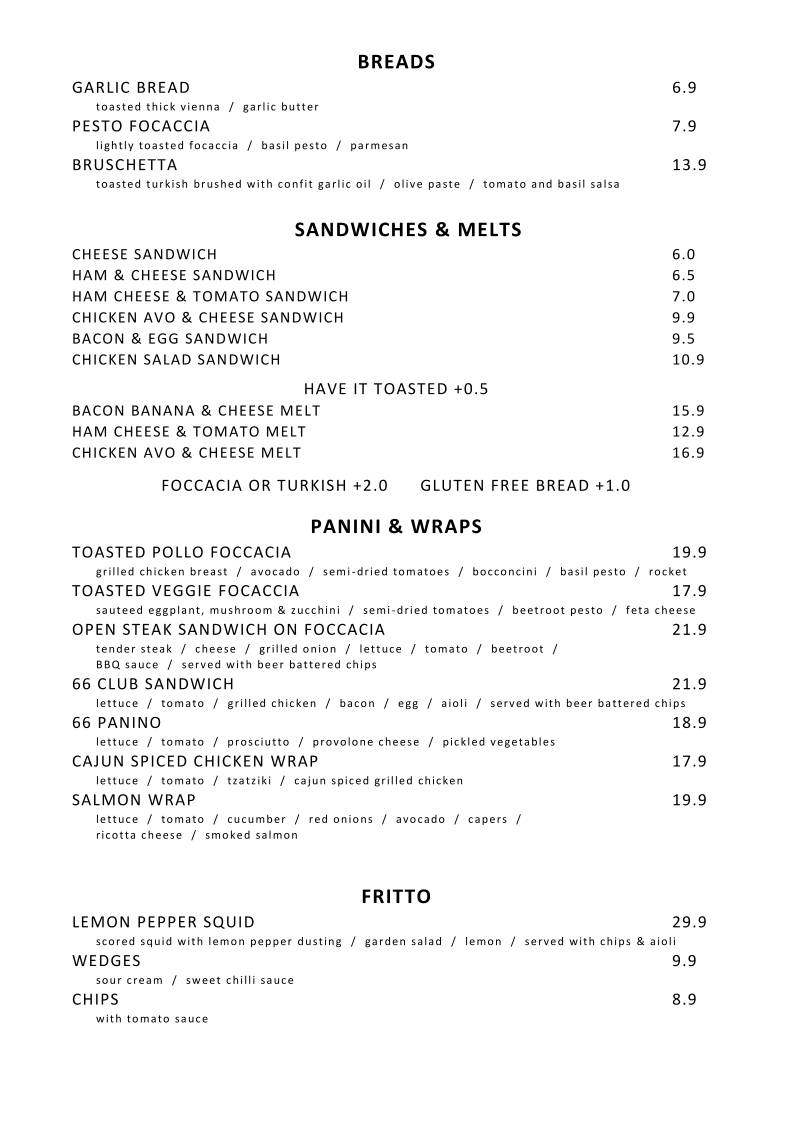 Menu at Cafe 66, Port Macquarie, 1/66 Clarence St
