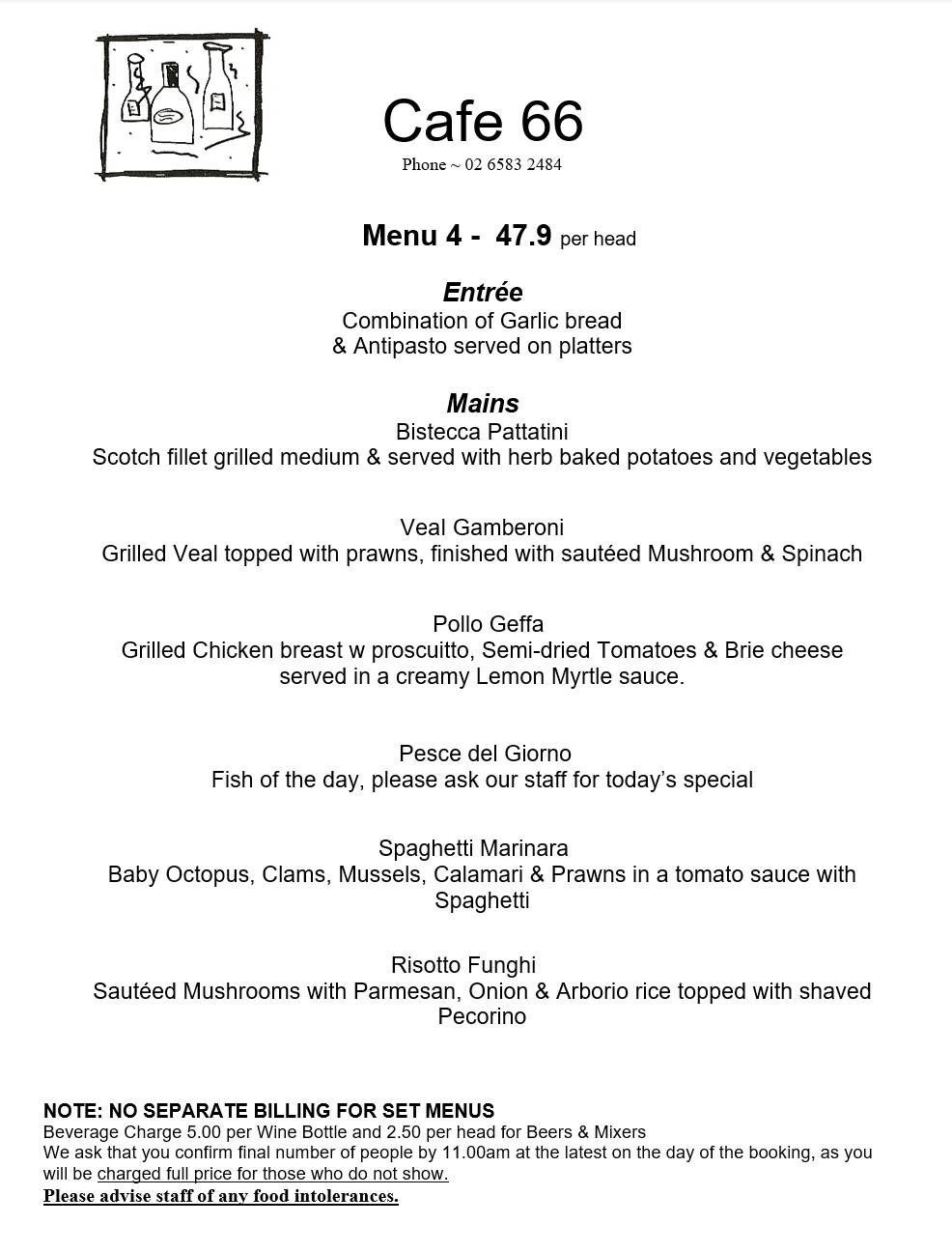 Menu at Cafe 66, Port Macquarie, 1/66 Clarence St