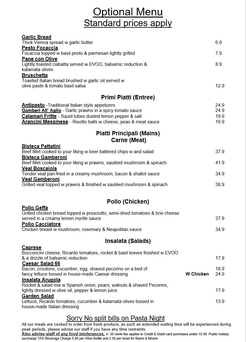 Menu at Cafe 66, Port Macquarie, 1/66 Clarence St