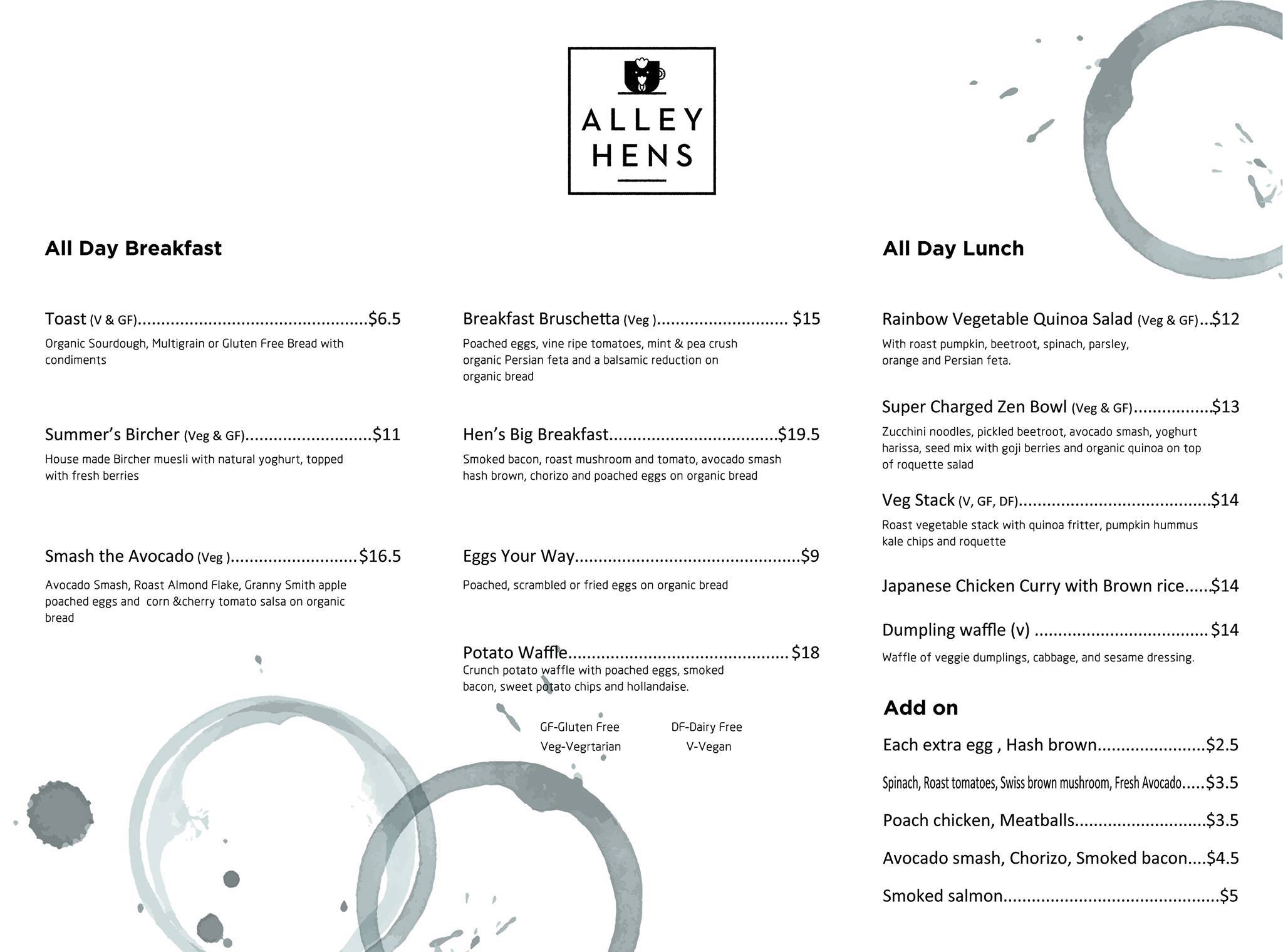 Menu at Alley Hens cafe, Hawthorn