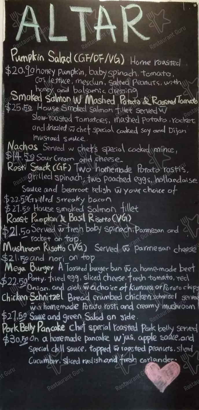 Menu at Altar cafe, Auckland