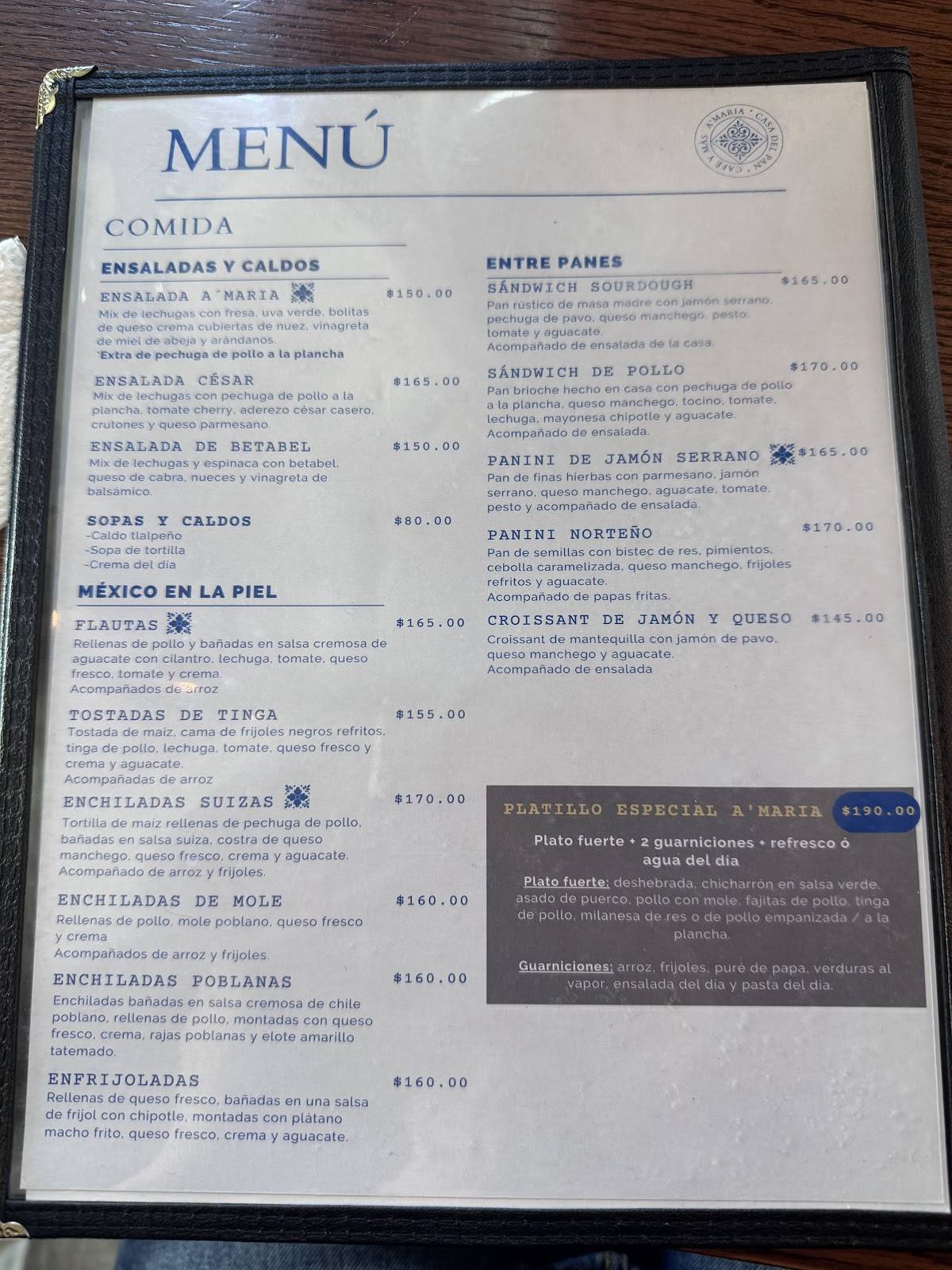 Carta de A'maria casa del pan y café, Monterrey