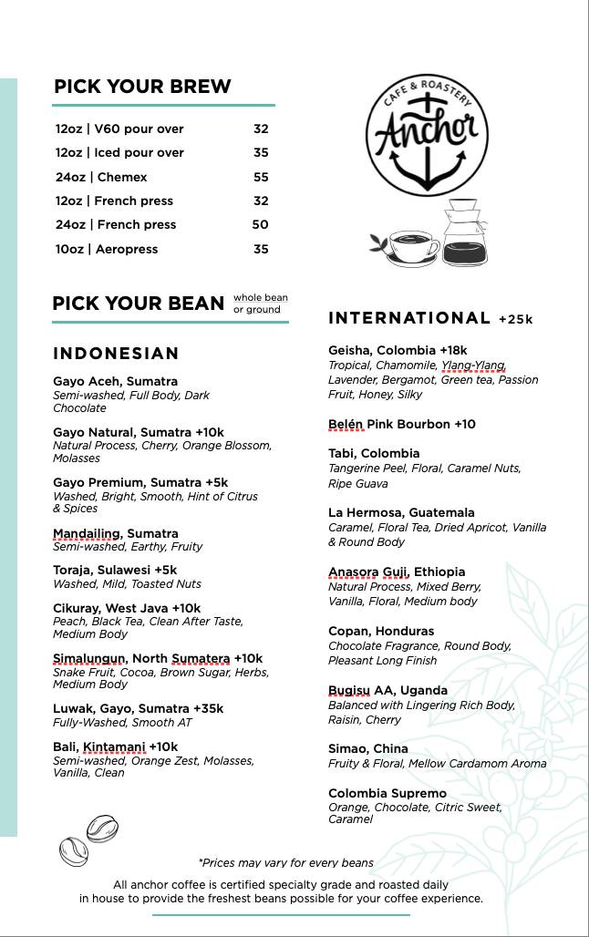 Carta de Anchor Cafe & Roastery, Batam