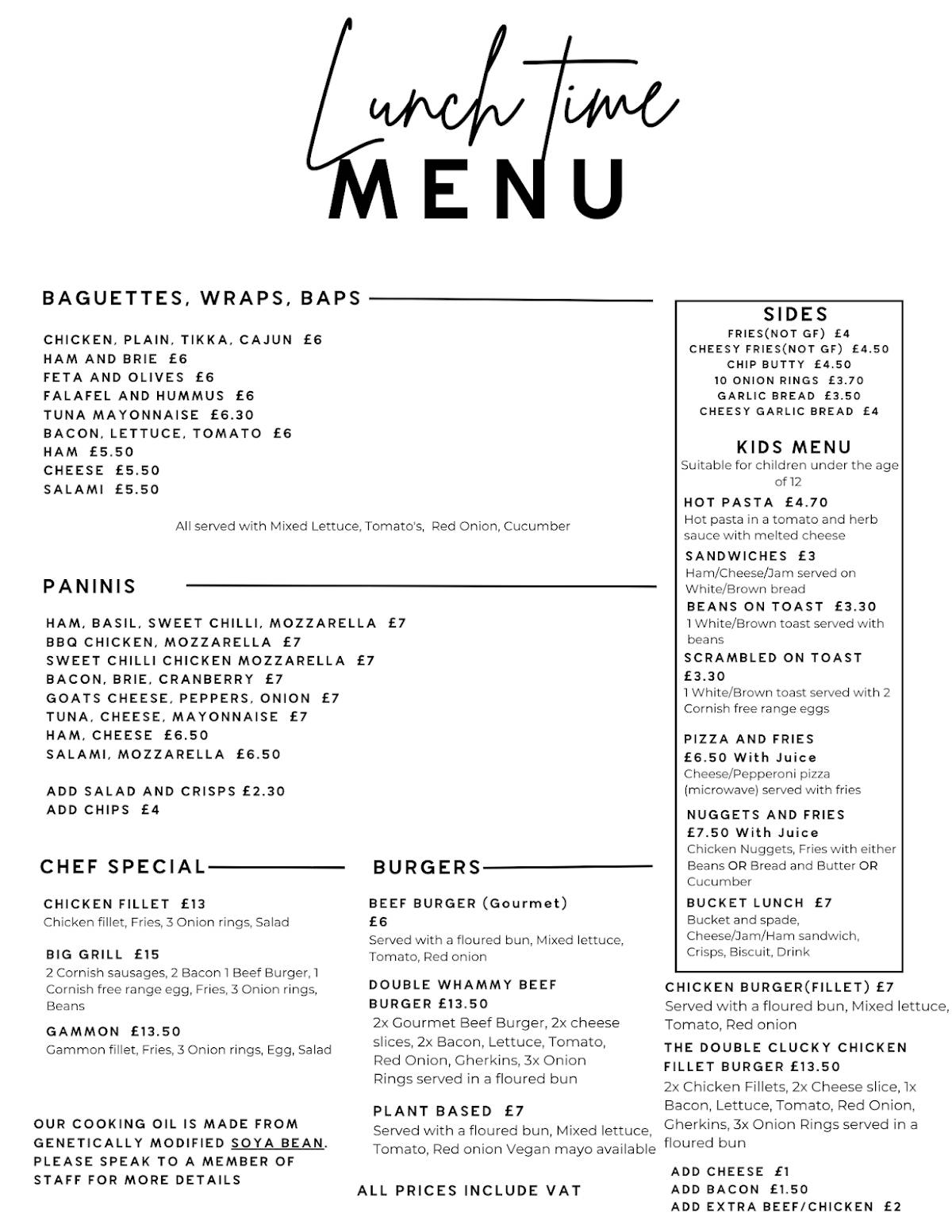 Menu at Atlantic View Cafe, Newquay