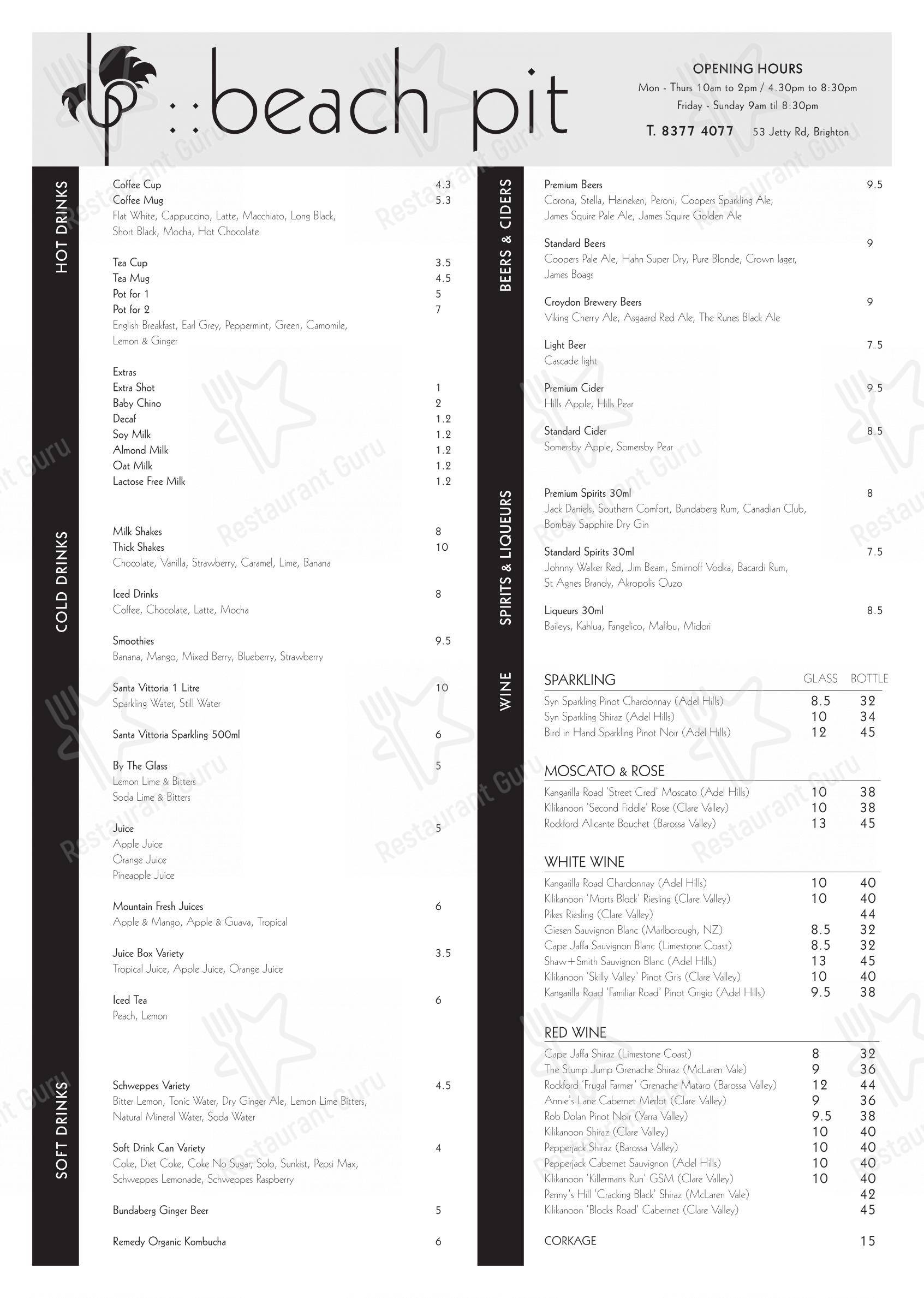 Menu at Cafe Beach Pit, Brighton