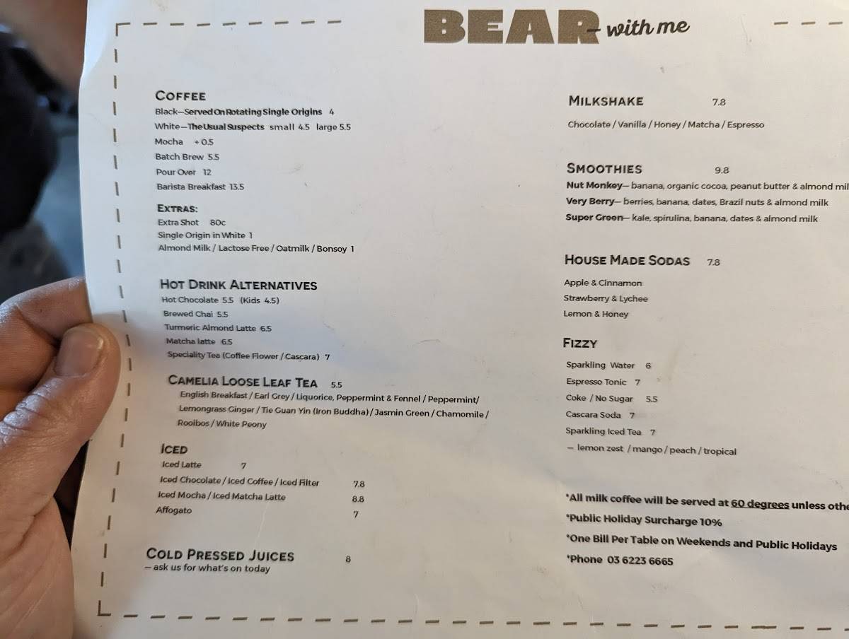 Menu at Bear With Me cafe, South Hobart