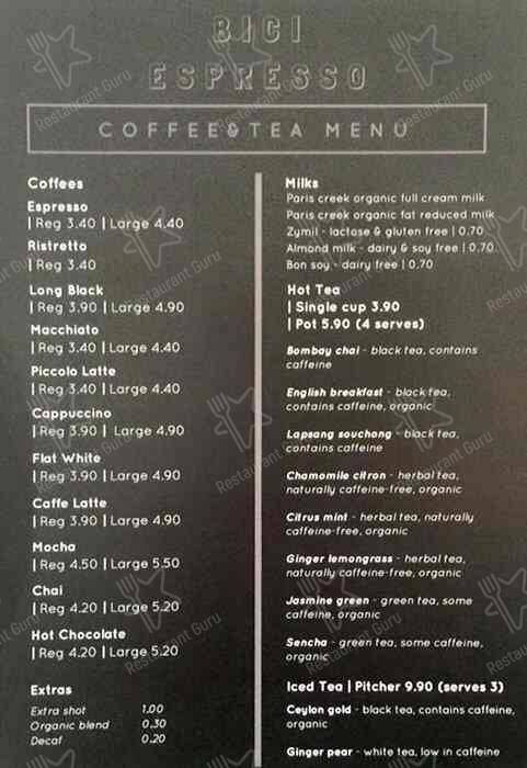 Menu at Parco cafe, Adelaide