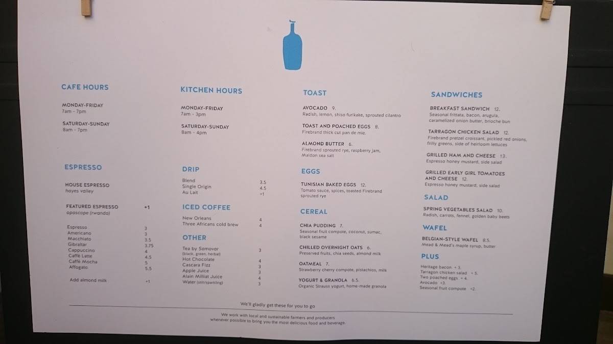 Menu at Blue Bottle Coffee cafe, Palo Alto, 456 University Ave