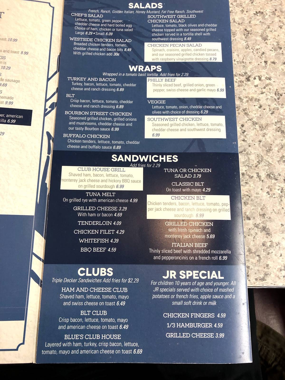 Menu at Blue's Cafe, Kankakee