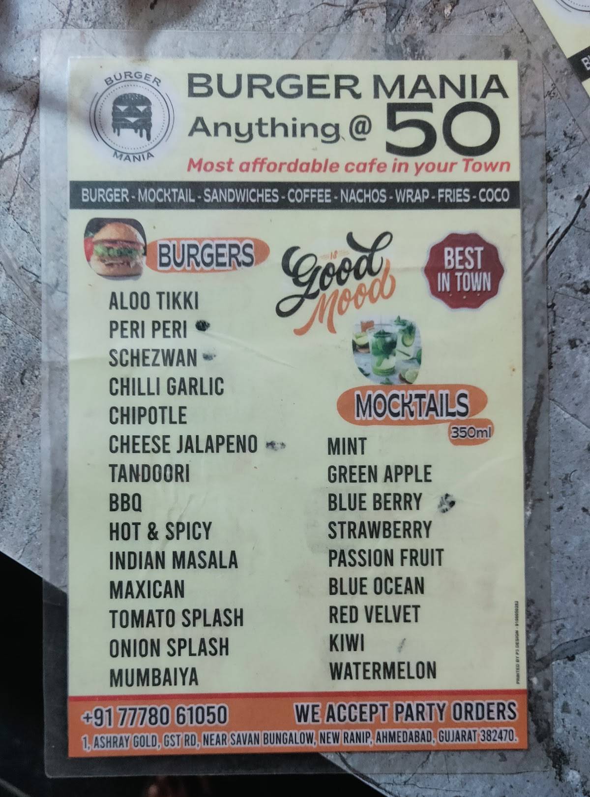 Menu at Burger Mania, Ahmedabad, Ashray Gold