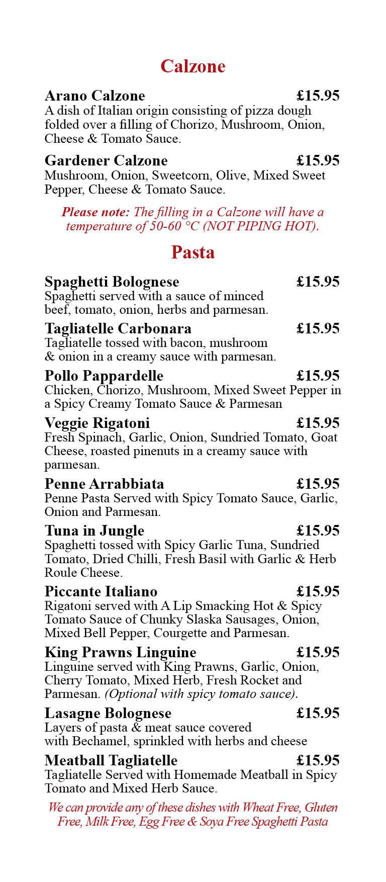 Menu at Cafe Italia, Windermere