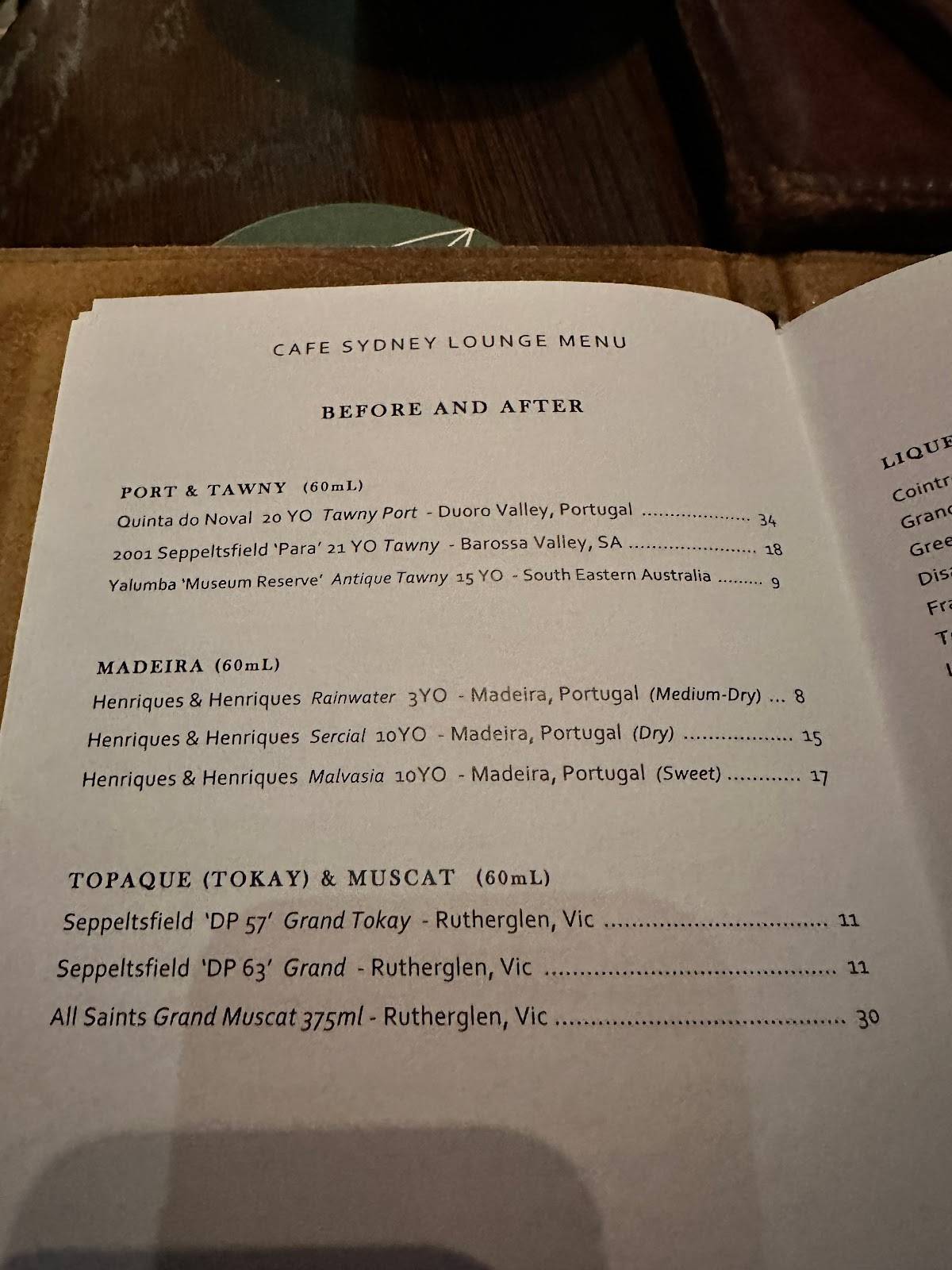 Menu at Cafe Sydney, Sydney, Level 5 Customs House