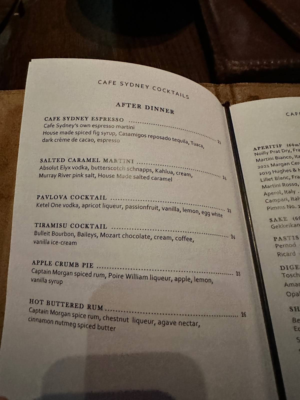 Menu at Cafe Sydney, Sydney, Level 5 Customs House