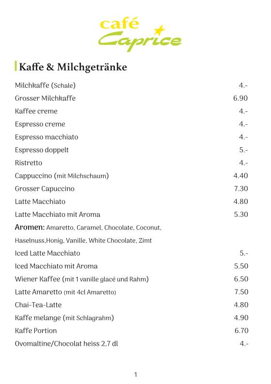 Speisekarte von Café Caprice, Sissach