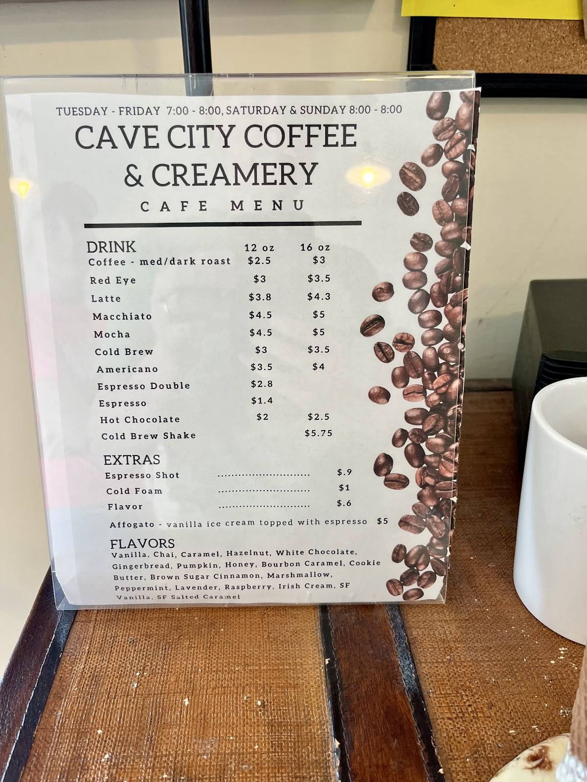 Menu at Cave City Coffee & Creamery cafe, Cave City