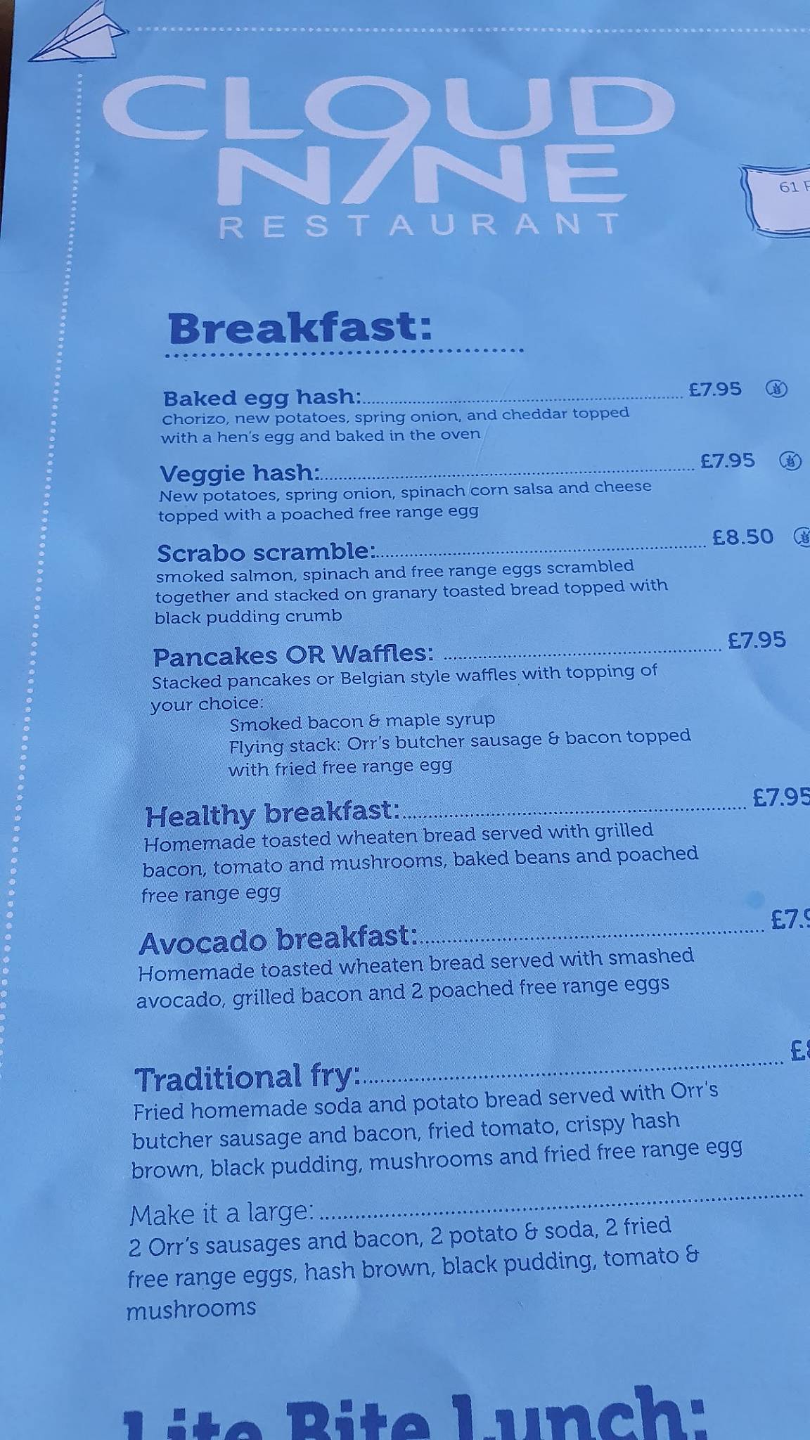 Menu at Cloud 9 Restaurant at the Ulster Flying Club, Newtownards