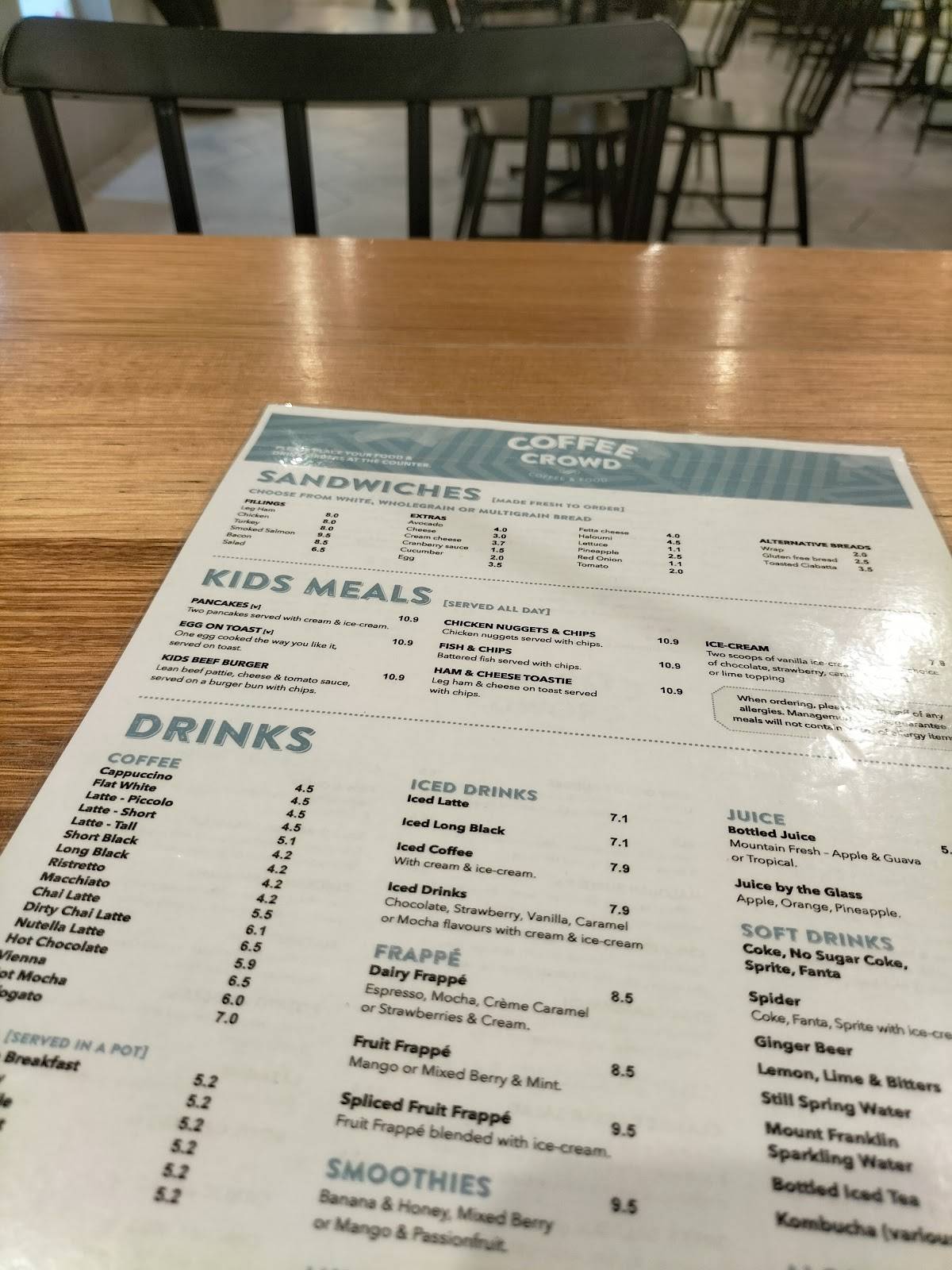 Menu at Coffee Crowd cafe, Adelaide