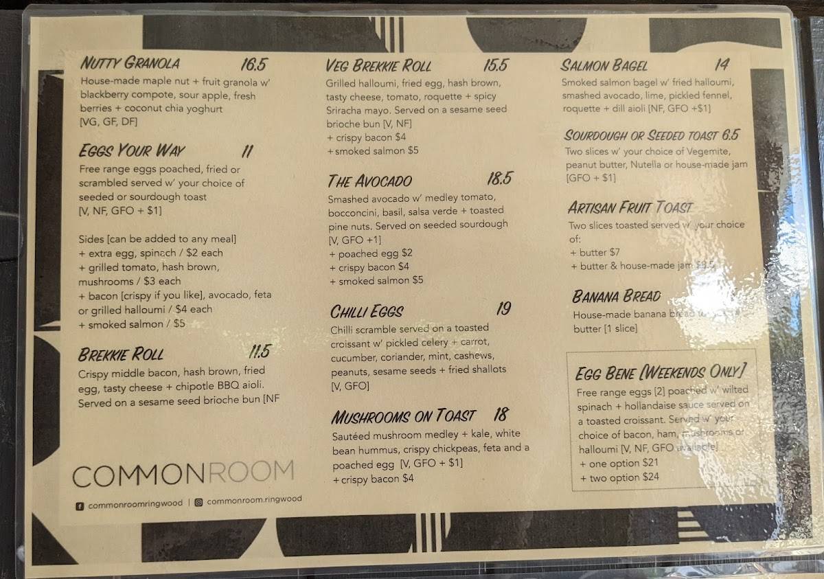 Menu at Common Room. cafe, Ringwood