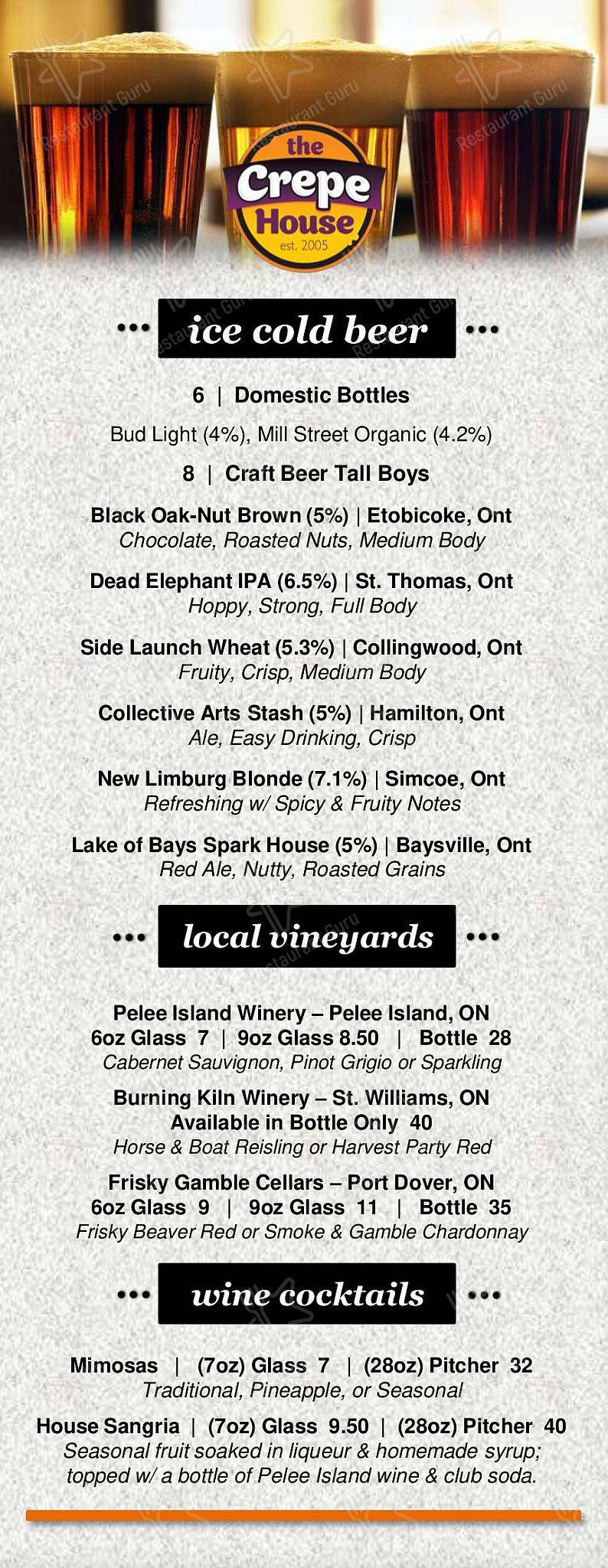 Menu at The Crepe House cafe, Port Dover