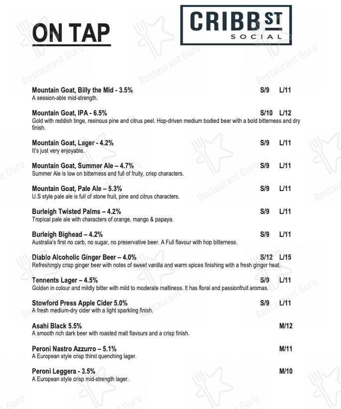 Menu at Cribb Street Social pub & bar, Brisbane City