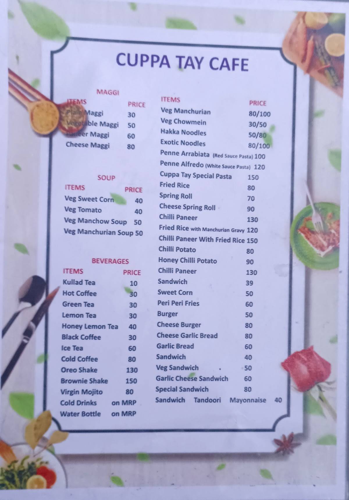 Menu at Cuppa Tay Cafe, Agra