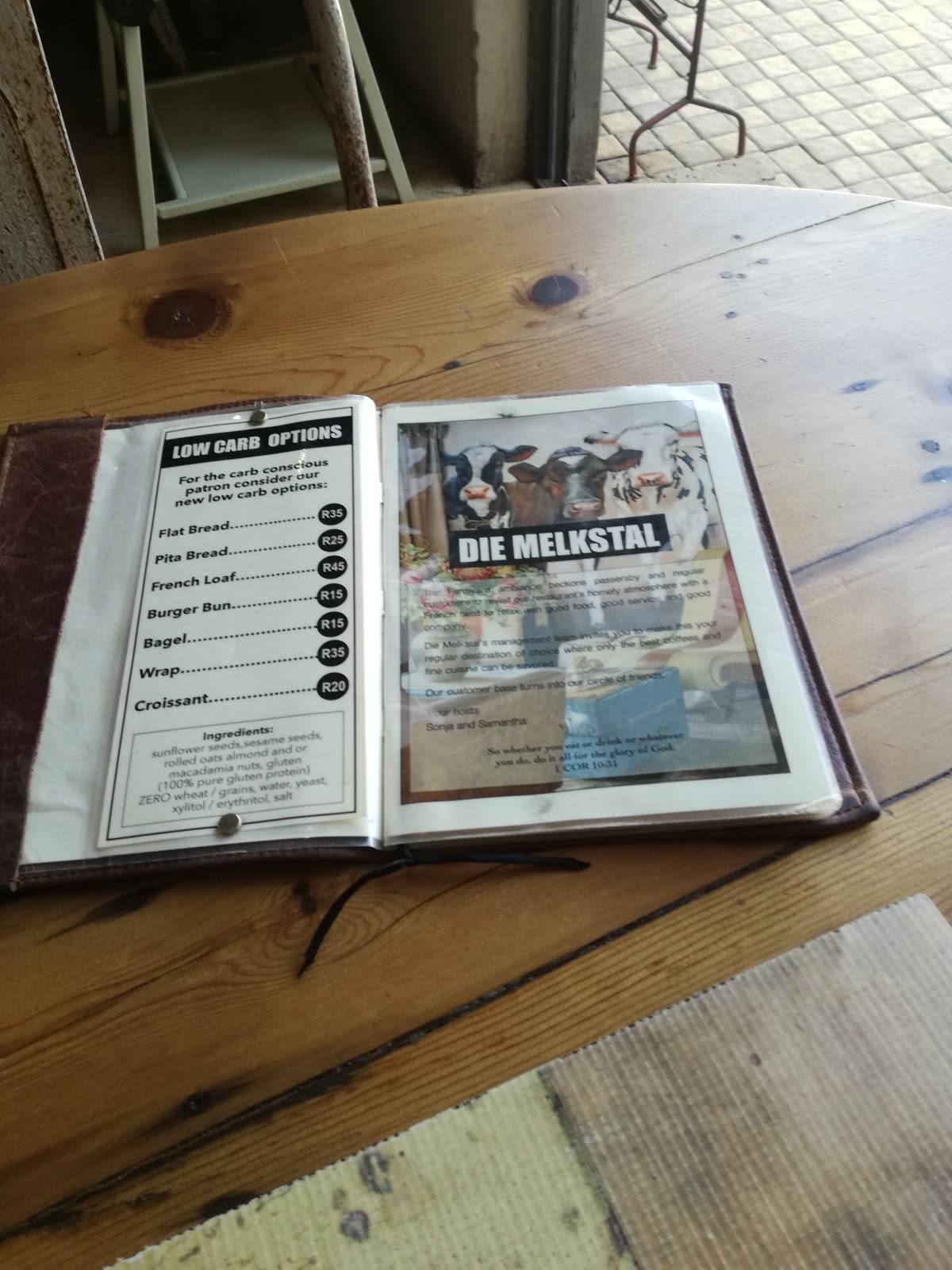Menu at Die Melkstal cafe, Rustenburg, 188 Kock St