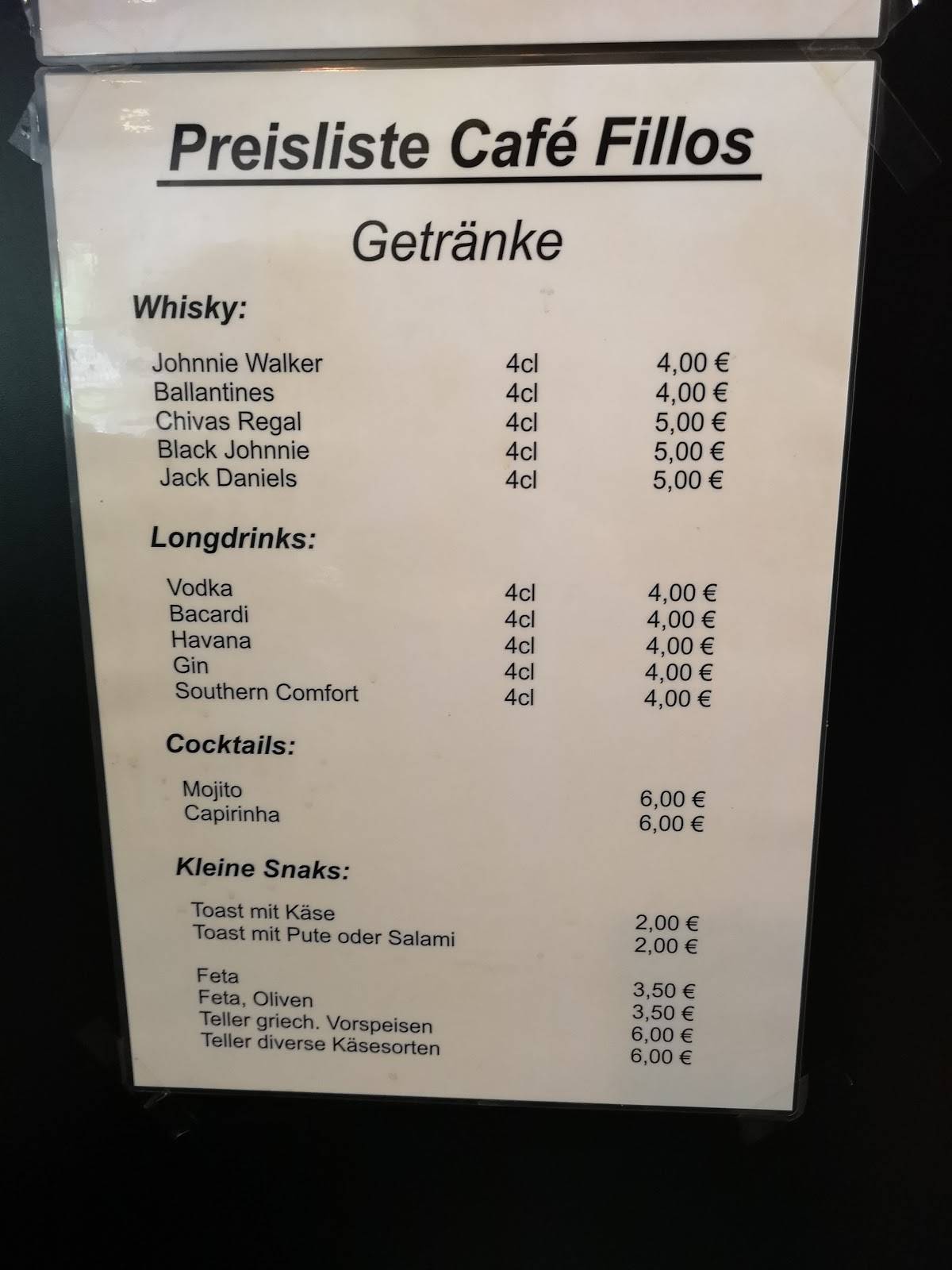 Speisekarte von Cafe Filos, Köln