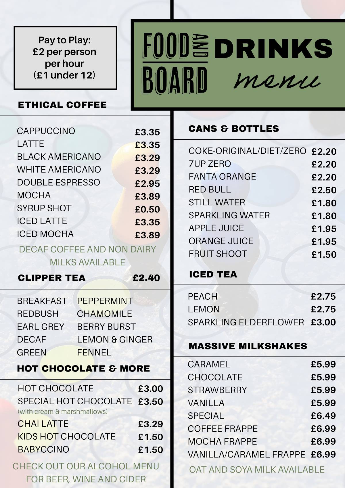 Carta de Food and Board - Board Game Cafe, Yateley