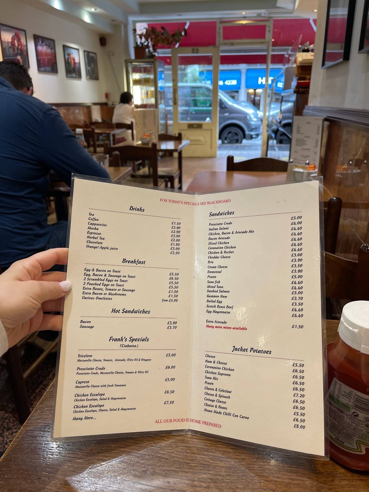Menu at Frank's Coffee House, London