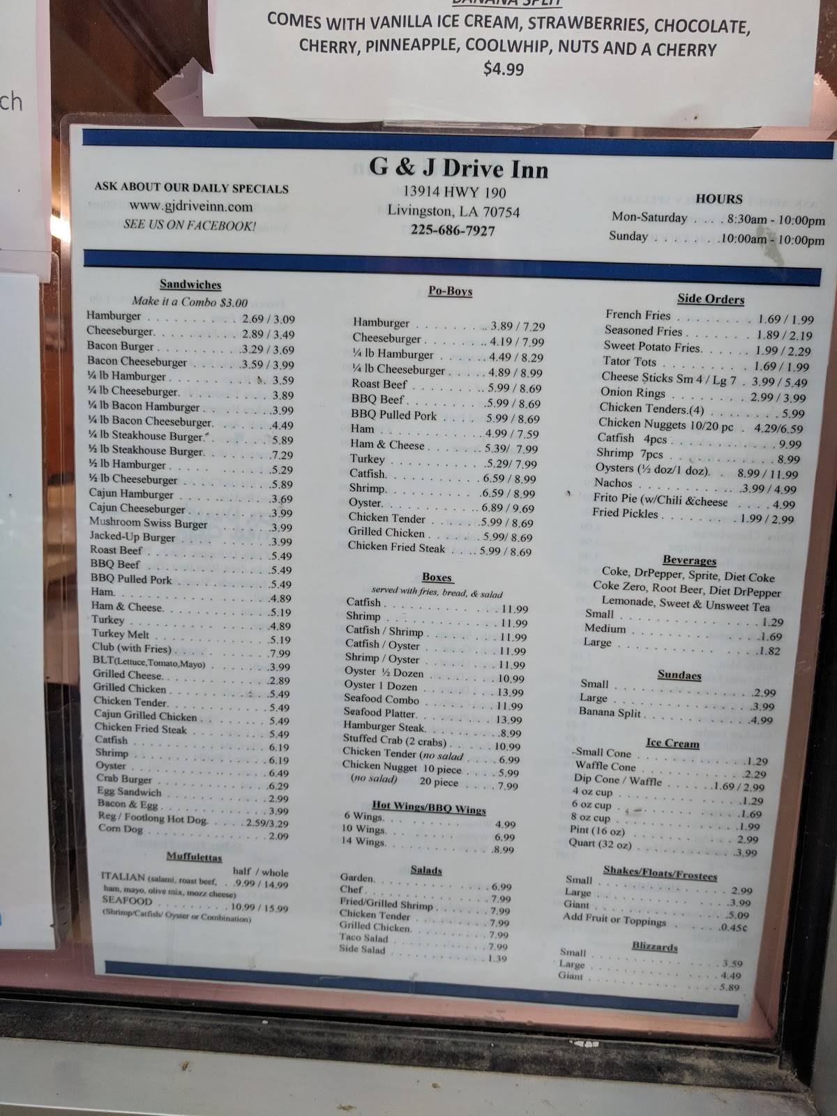 Menu at G & J Drive Inn cafe, Livingston