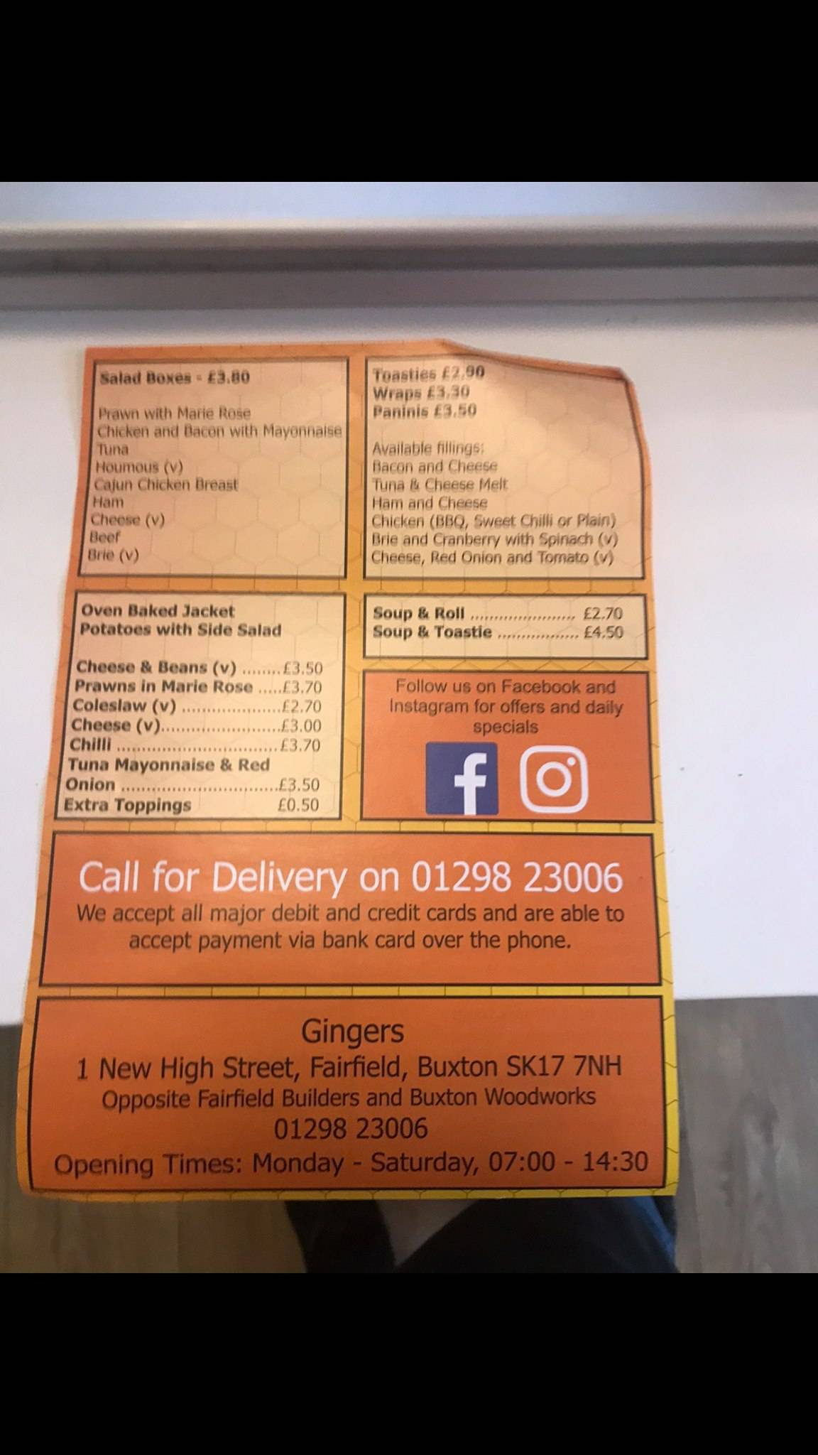 Menu at Gingers cafe, Buxton