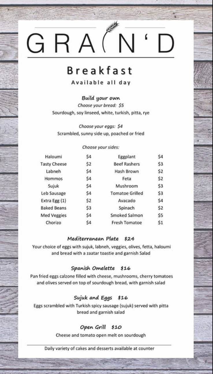 Menu at Grain'd Cafe, Revesby