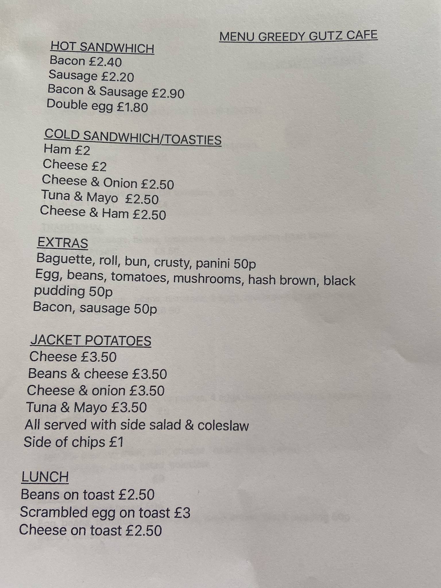 Menu at Greedy gutz cafe, Birmingham, 67 Broadstone Rd