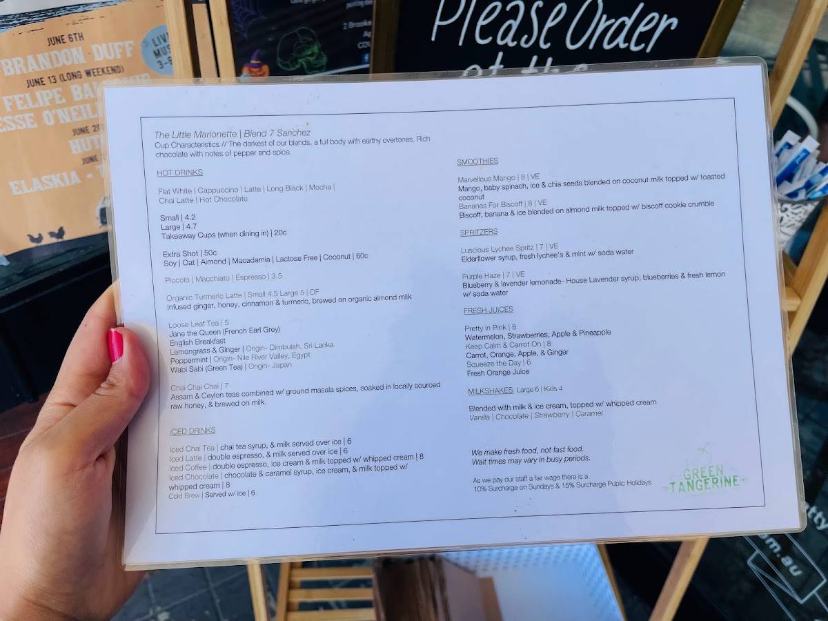 Menu at Green Tangerine Long Jetty cafe, Long Jetty