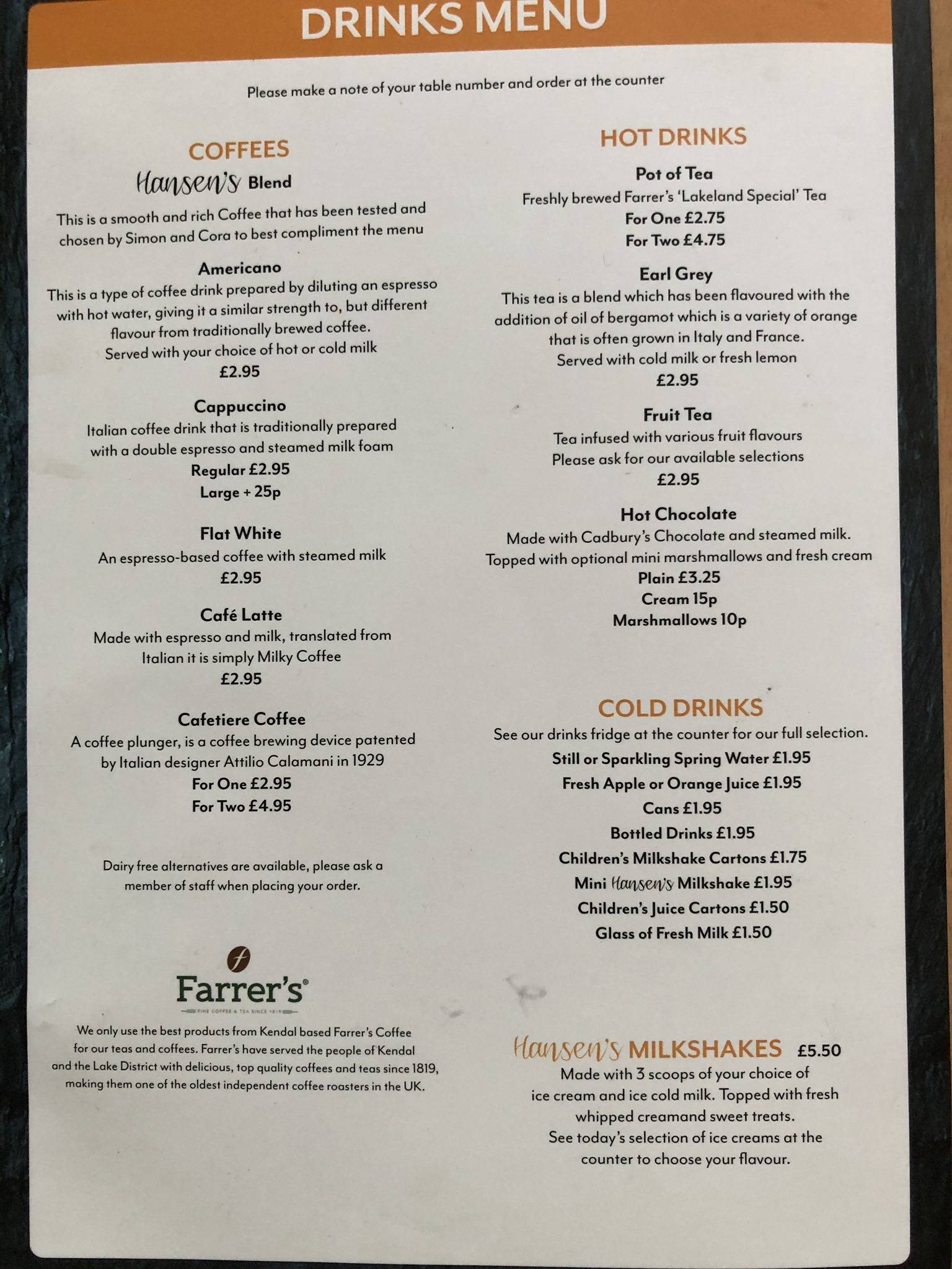 Menu at Hansen’s Ice Cream Parlour and Café cafe, Kendal