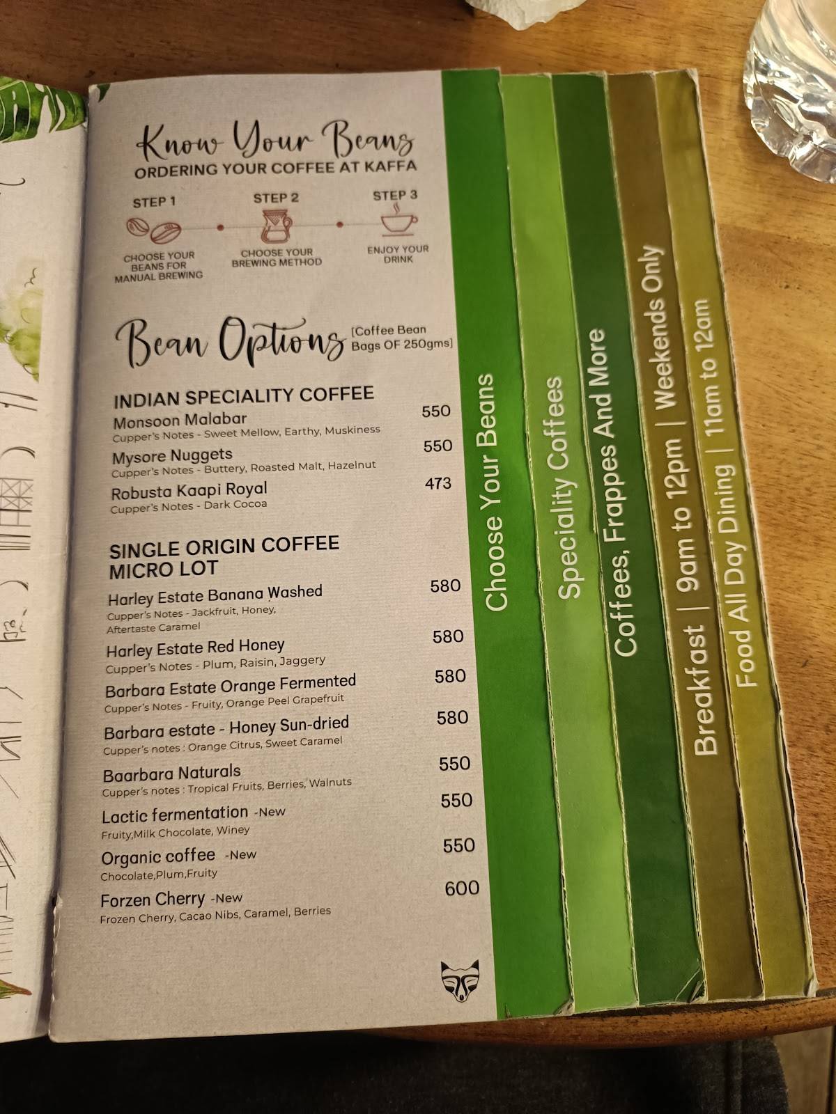 Menu at Kaffa Coffee Roasters, Ahmedabad, Kaffa Coffee Roasters oppo Atira
