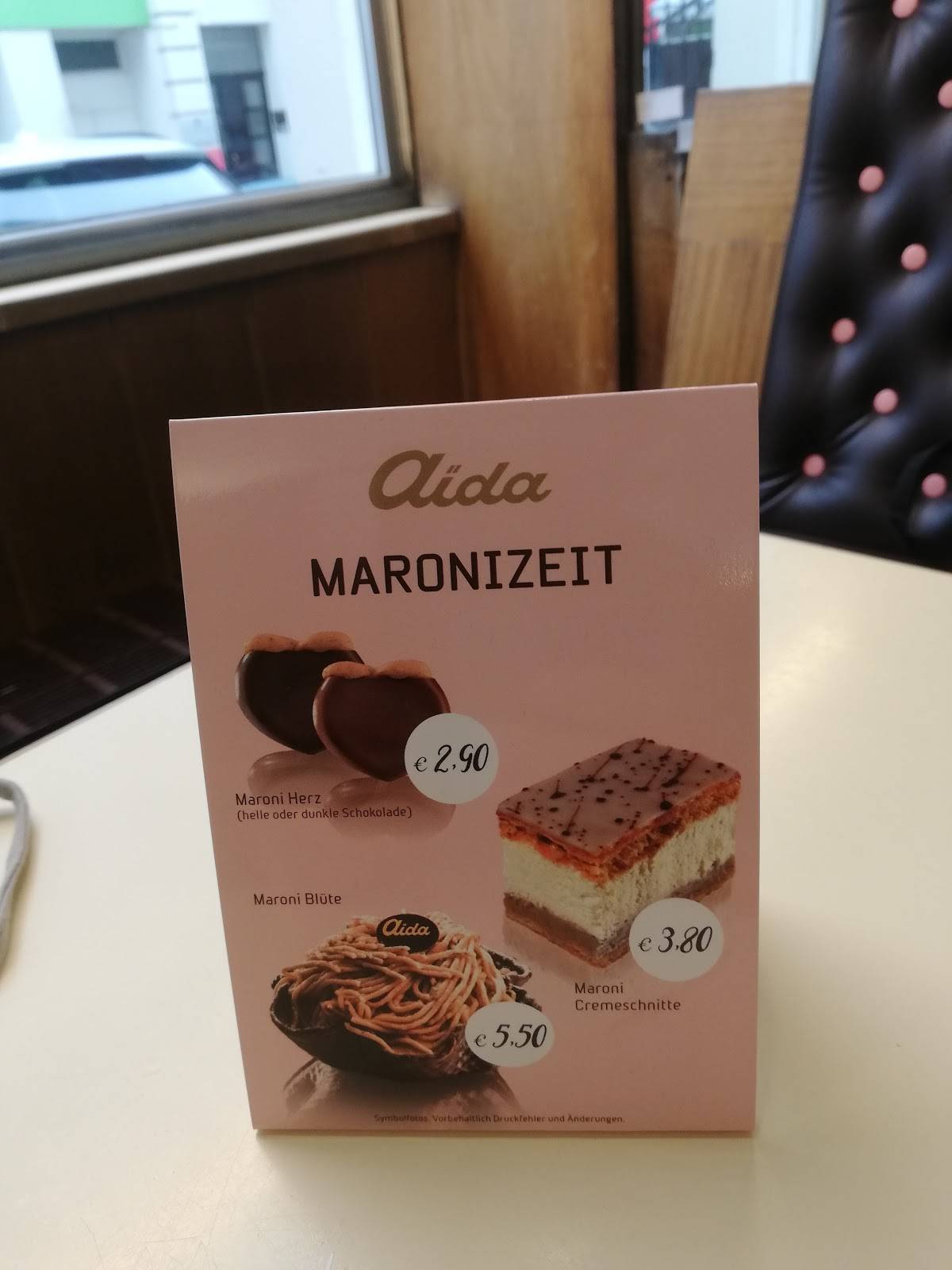 Menu at AIDA - Café-Konditorei cafe, Vienna, Neubaugasse 64