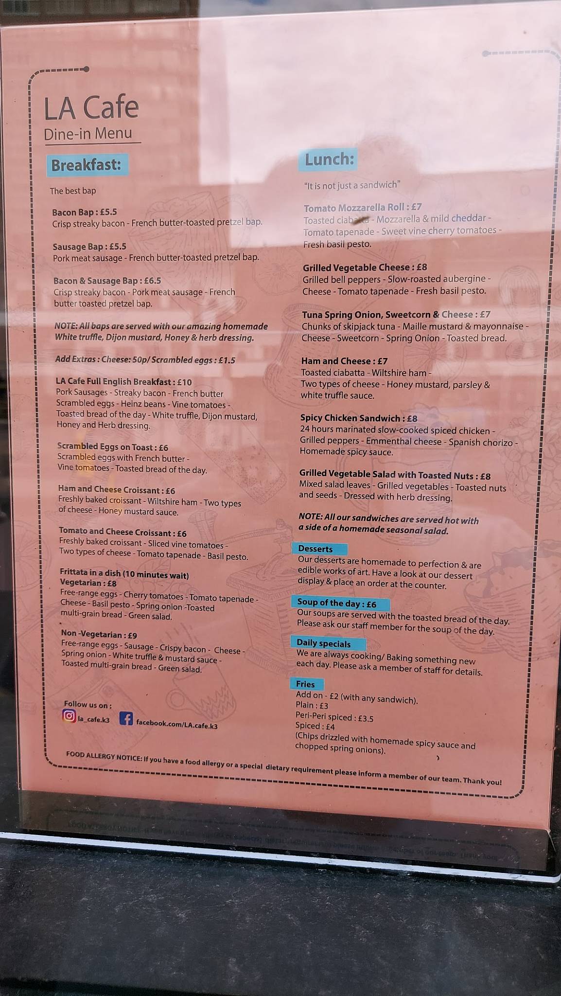 Menu at LA Cafe, Sutton
