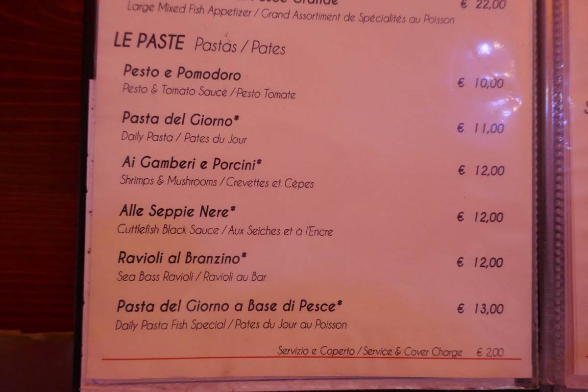 Menu at La Palanca cafe, Venice